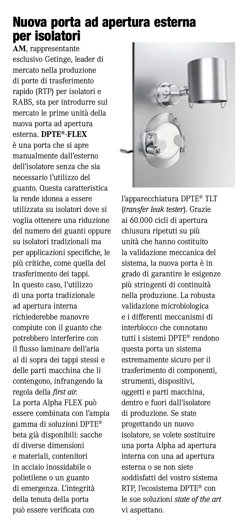 Parlano di noi...Nuova porta DPTE®-Flex Getinge | AM